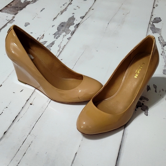 Coach | Shoes | Coach Roni Wedge Patent Leather Heels Pumps Nude Tan Size 35 | Poshmark